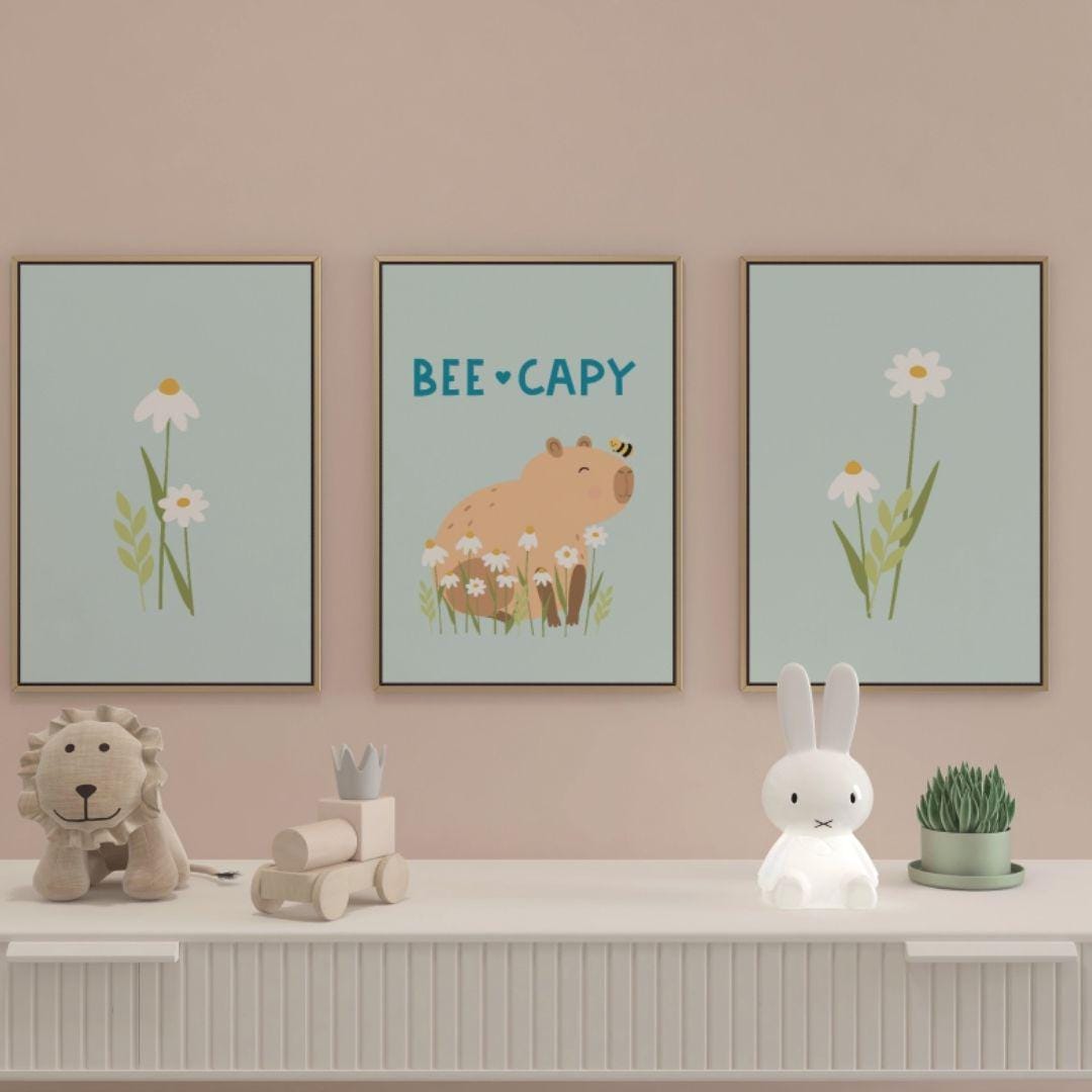 Cute Capybara Wall Art Set of 3 | Bee Capy Wall Art | Light Blue Art ...
