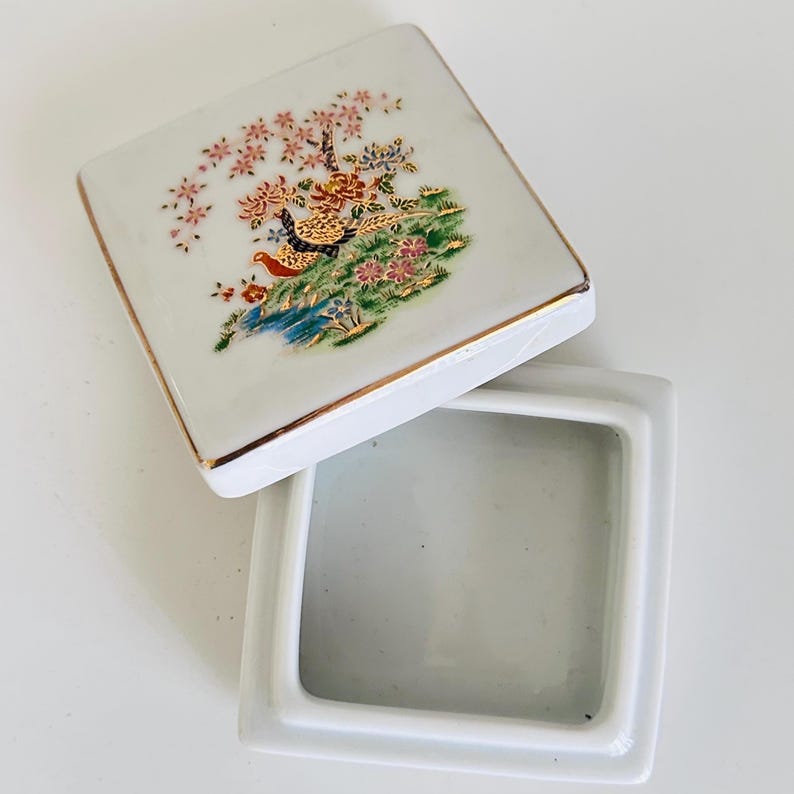 Vintage Porcelain Trinket Box Hand Painted Pheasant Floral Jewellery ...