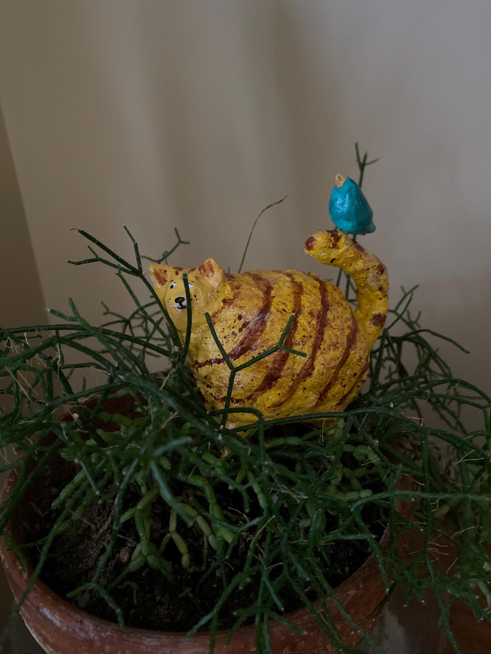 Calico Paper Mache Cat, Whimsical, Cat Lover, Sculpture, Bird on Cats ...