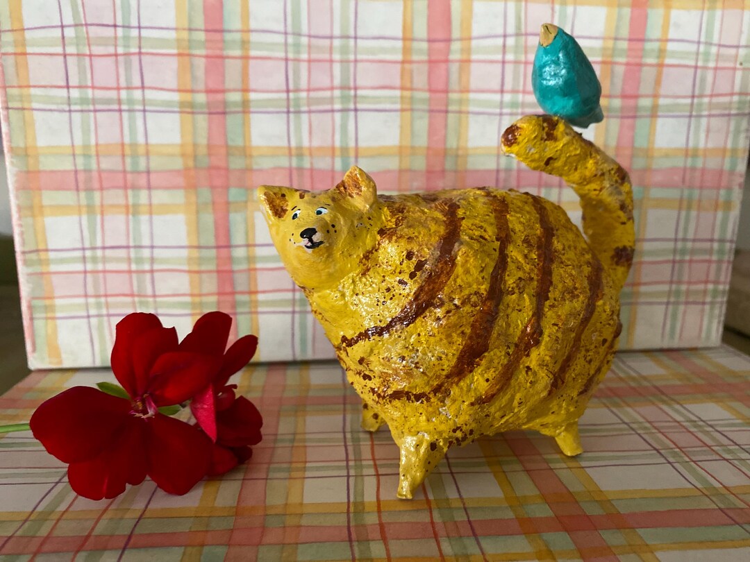 Calico Paper Mache Cat, Whimsical, Cat Lover, Sculpture, Bird on Cats ...