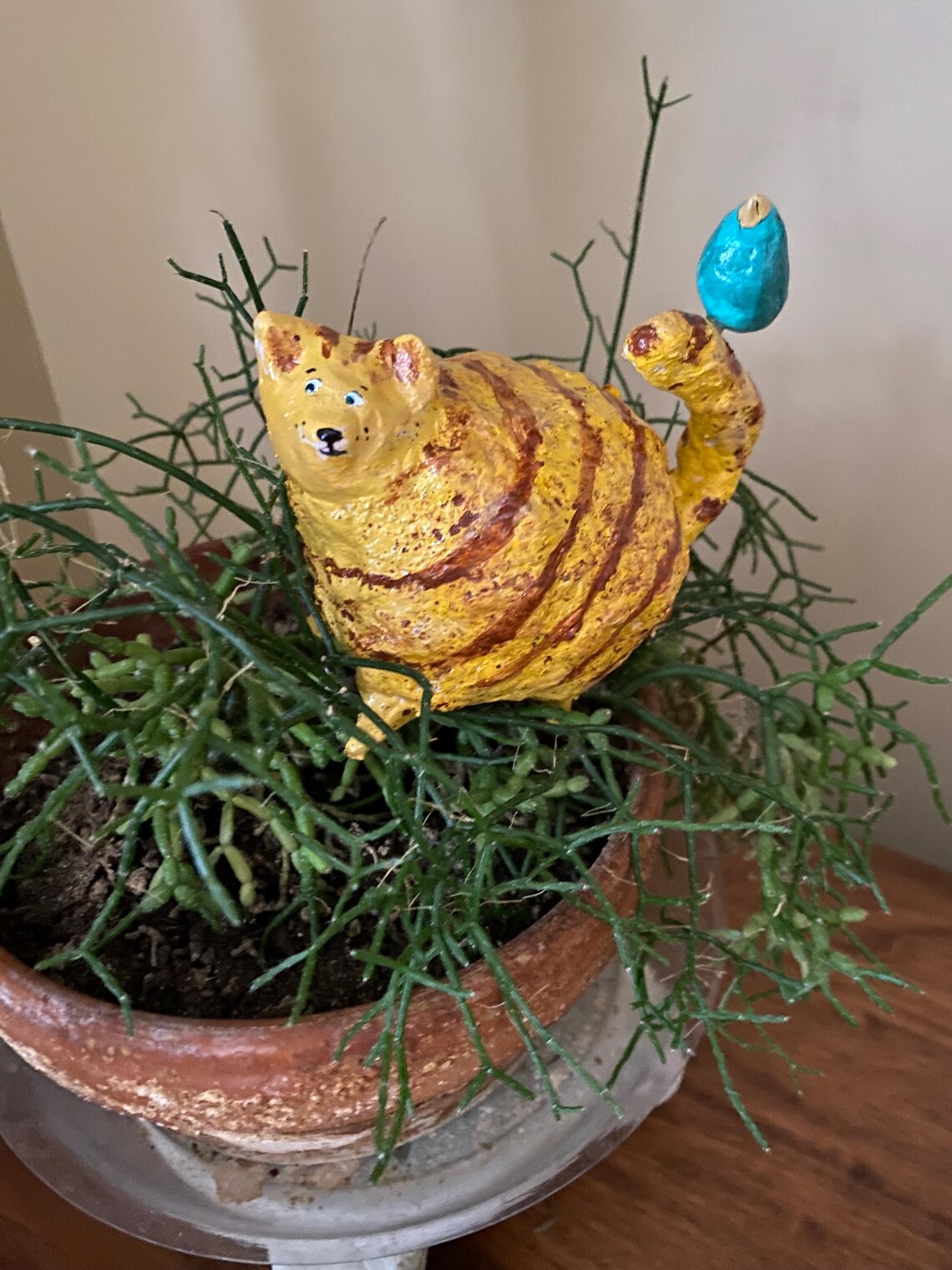 Calico Paper Mache Cat, Whimsical, Cat Lover, Sculpture, Bird on Cats ...