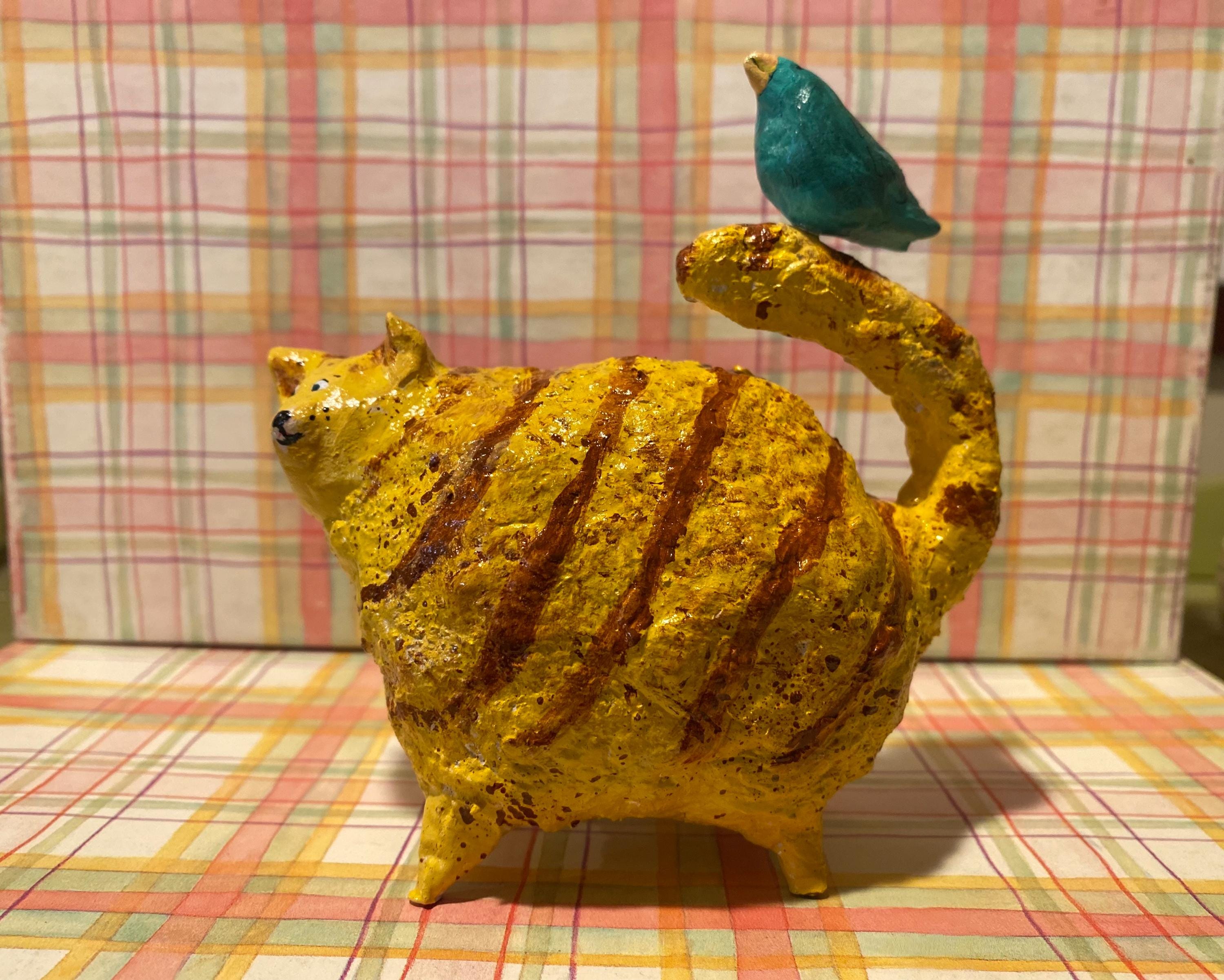 Calico Paper Mache Cat, Whimsical, Cat Lover, Sculpture, Bird on Cats ...