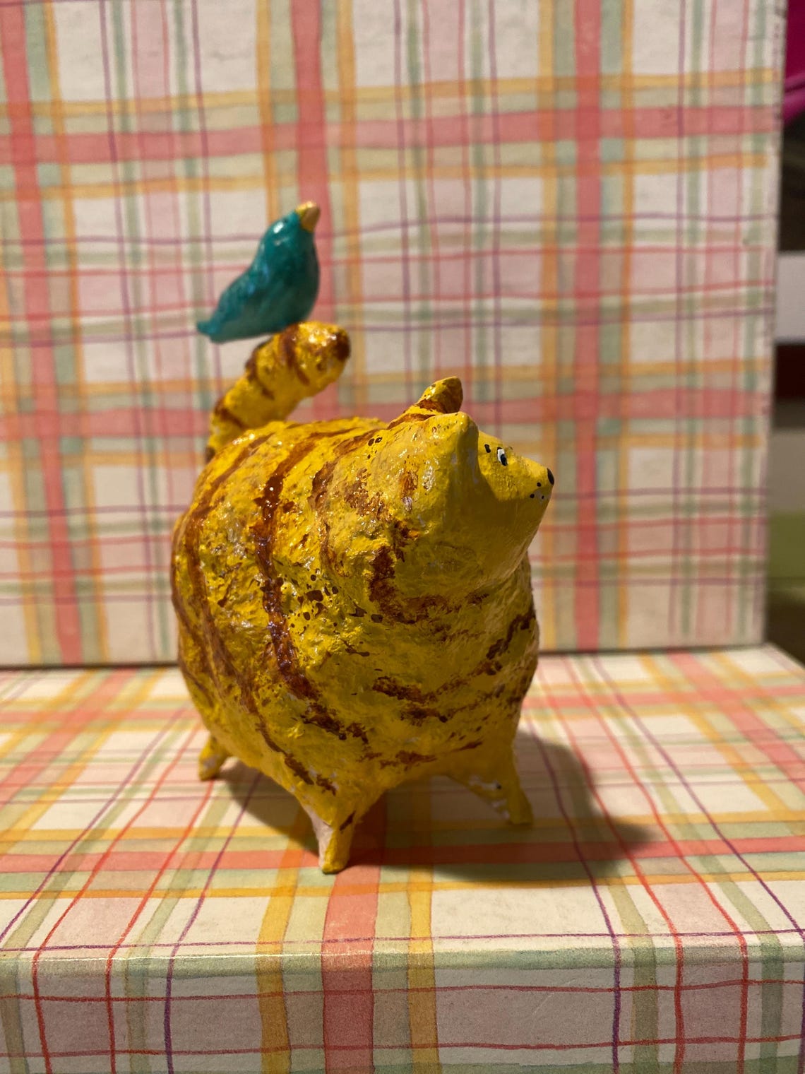 Calico Paper Mache Cat, Whimsical, Cat Lover, Sculpture, Bird on Cats ...