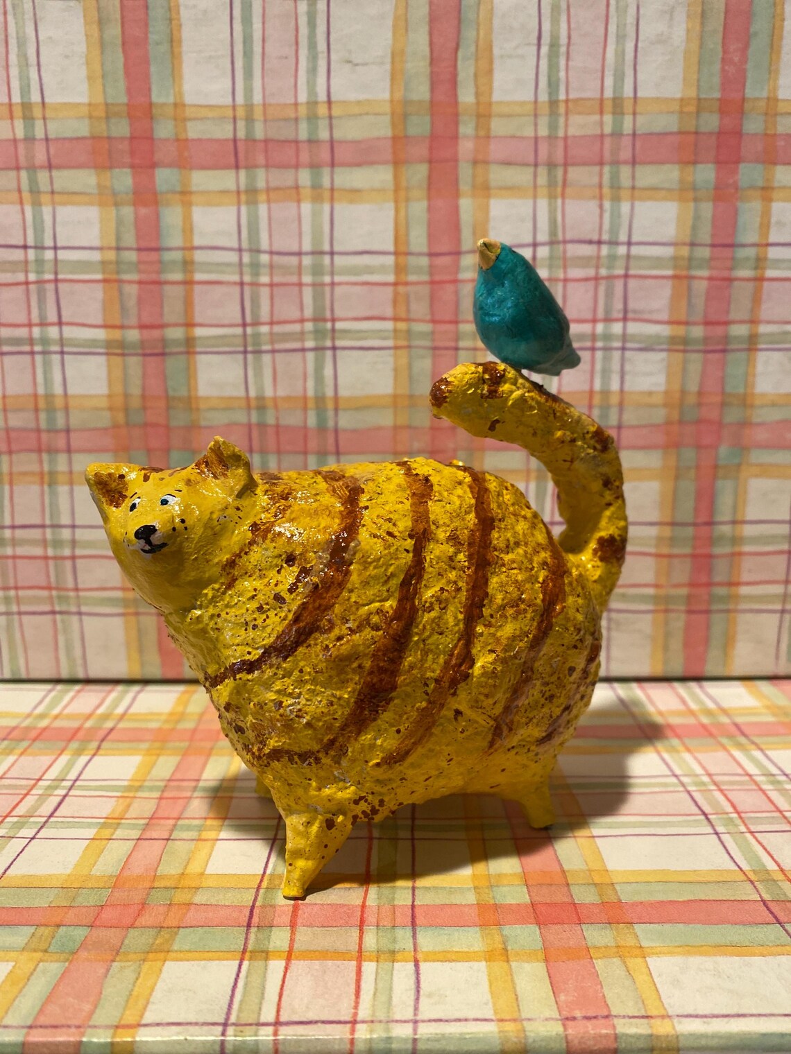 Calico Paper Mache Cat, Whimsical, Cat Lover, Sculpture, Bird on Cats ...