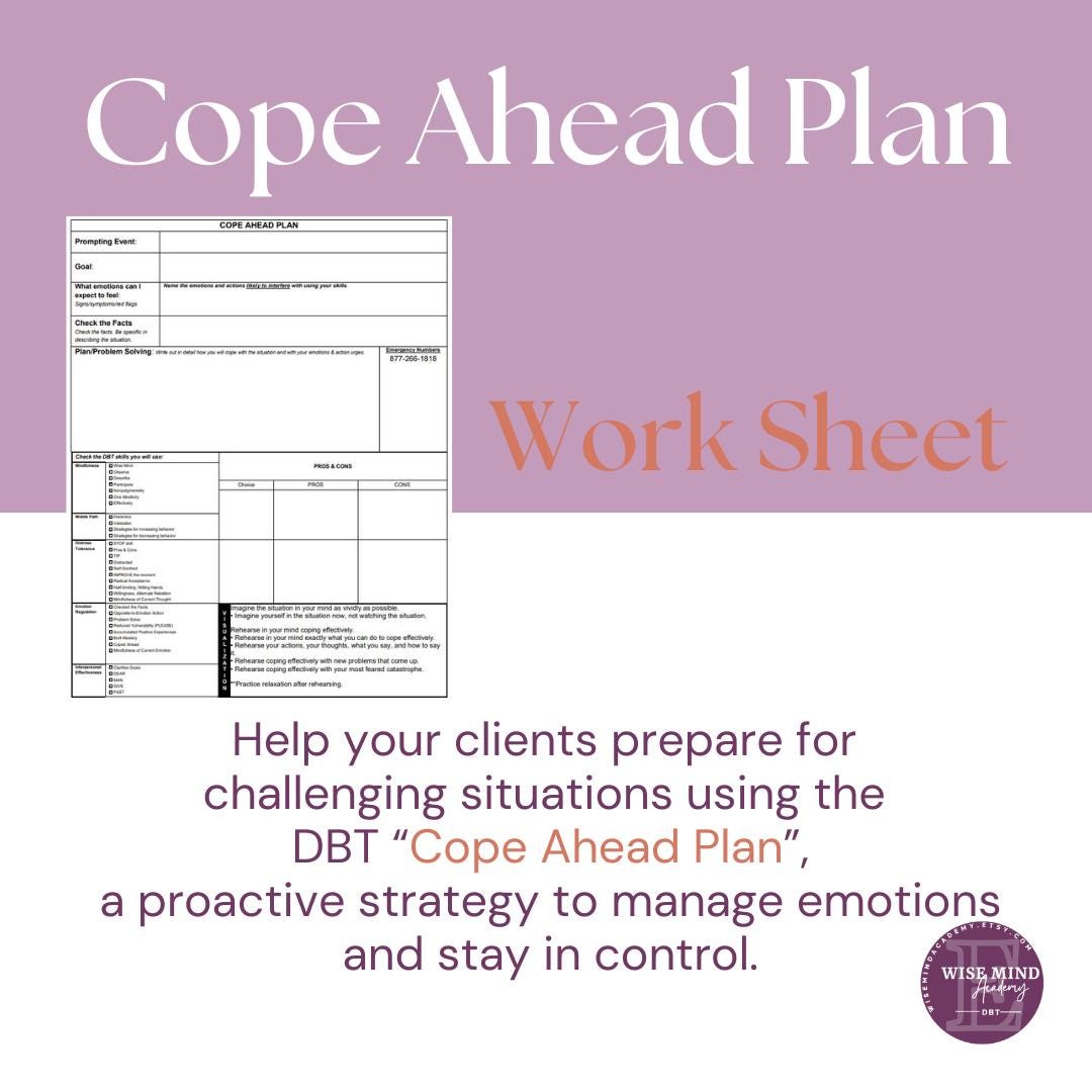 DBT "cope Ahead Plan" Worksheet & Card - A DBT Emotion Regulation Skill ...