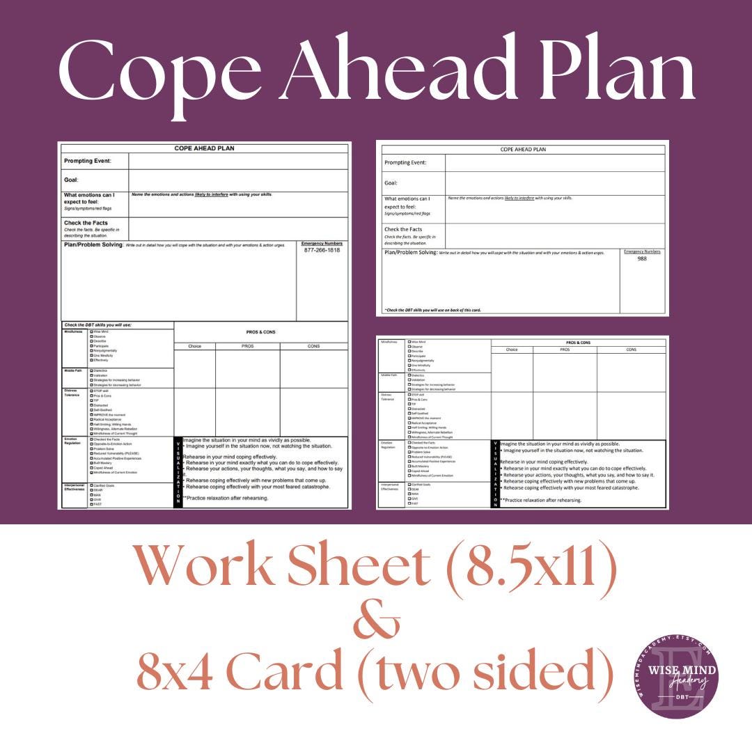 DBT "cope Ahead Plan" Worksheet & Card - A DBT Emotion Regulation Skill ...