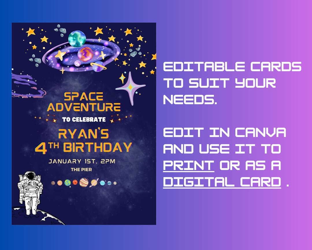 Space Birthday Invitation, Astronaut Birthday Invitation, Space Party Invitation, Space Rocket ...