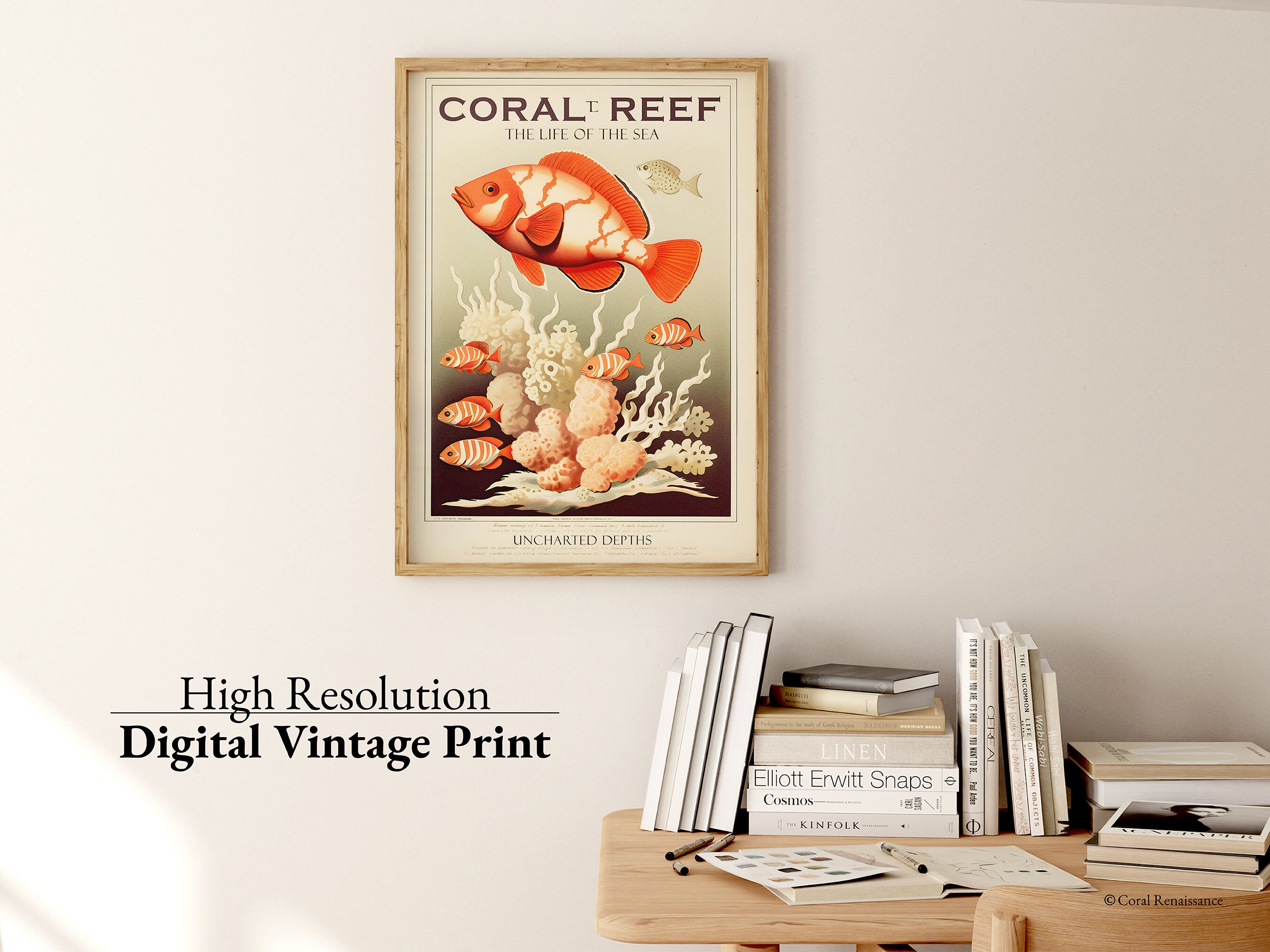 Orange Vintage Ocean Print, Printable Coastal Wall Art, Coral Digital ...