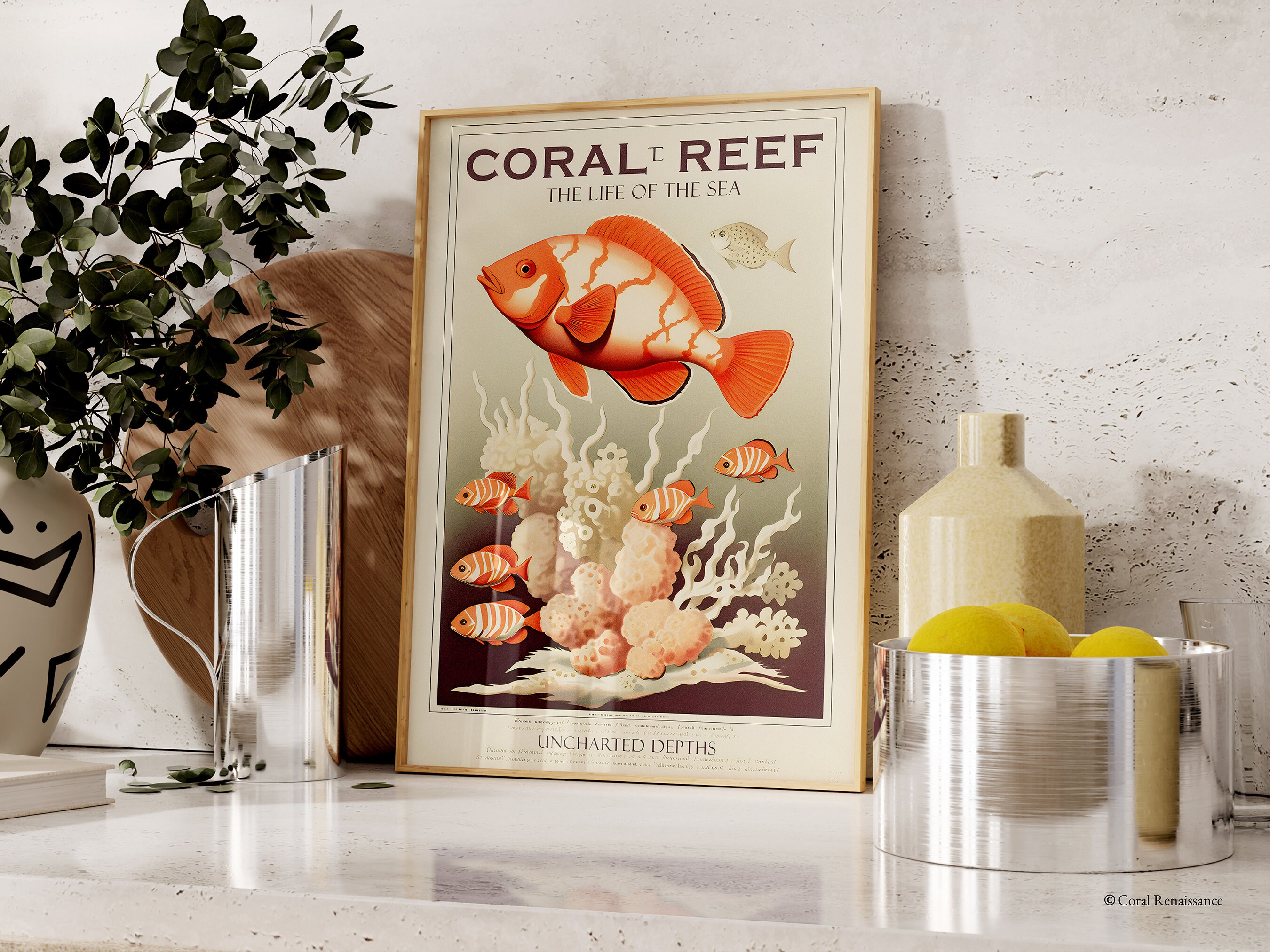 Orange Vintage Ocean Print, Printable Coastal Wall Art, Coral Digital ...