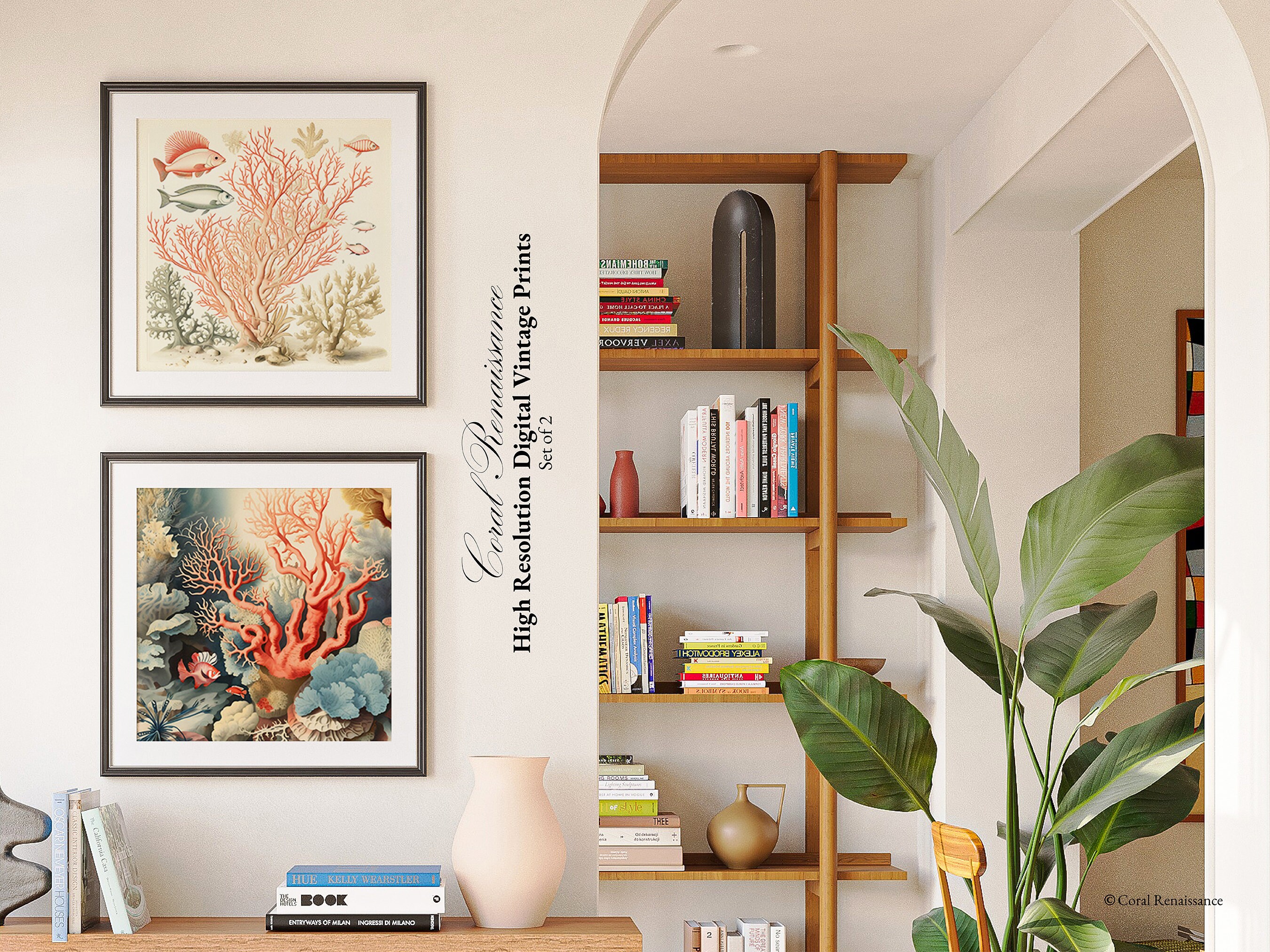 Blue Vintage Ocean Print Set, Printable Coastal Wall Art, Coral Digital Art, Gallery Wall Set ...