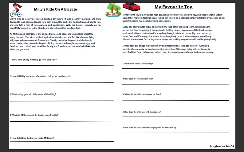 English Comprehension Worksheets With Questions Regular ,ESL,ELD and ...