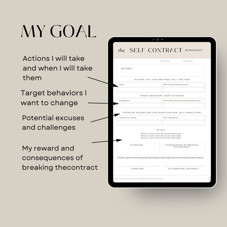 Self-contract Worksheets Printable, Editable A5, US Letter Formats Accountability Tool for Goal ...