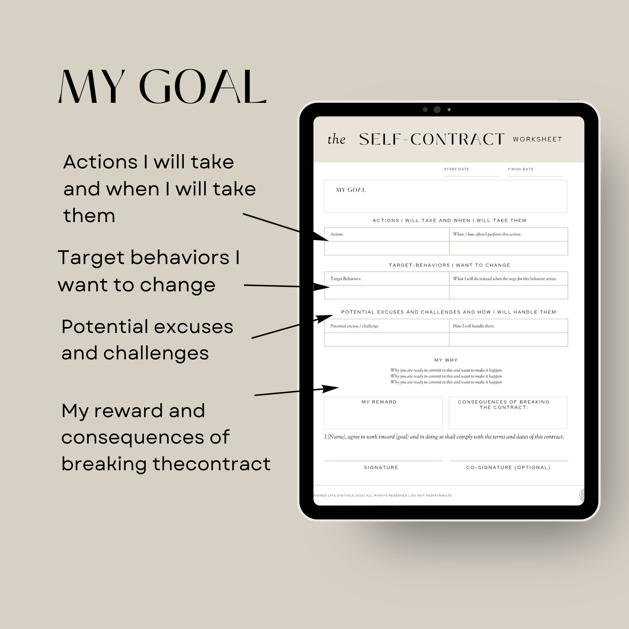 Self-contract Worksheets Printable, Editable A5, US Letter Formats Accountability Tool for Goal ...