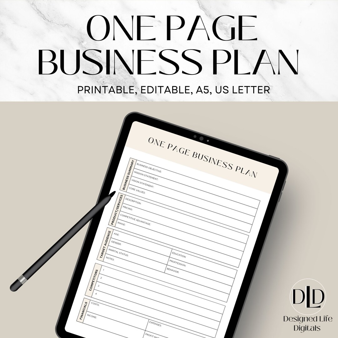 One Page Business Plan, Simple Business Plan, Printable, Small Business ...
