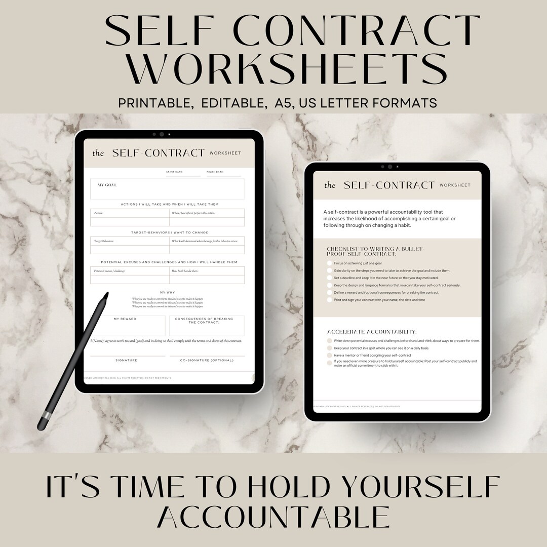 Self-contract Worksheets Printable, Editable A5, US Letter Formats Accountability Tool for Goal ...