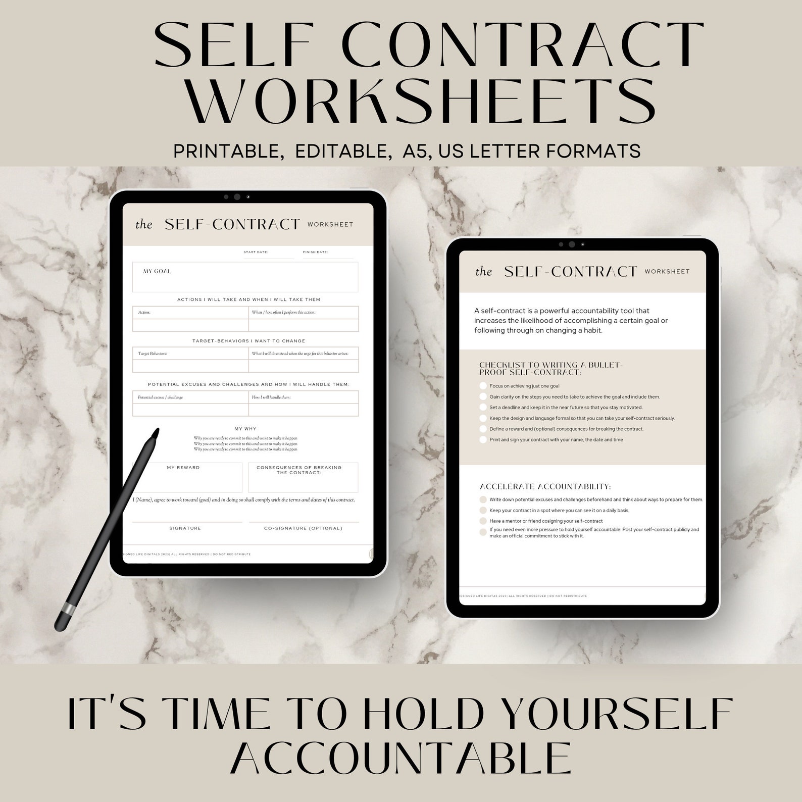 Self-contract Worksheets Printable, Editable A5, US Letter Formats ...