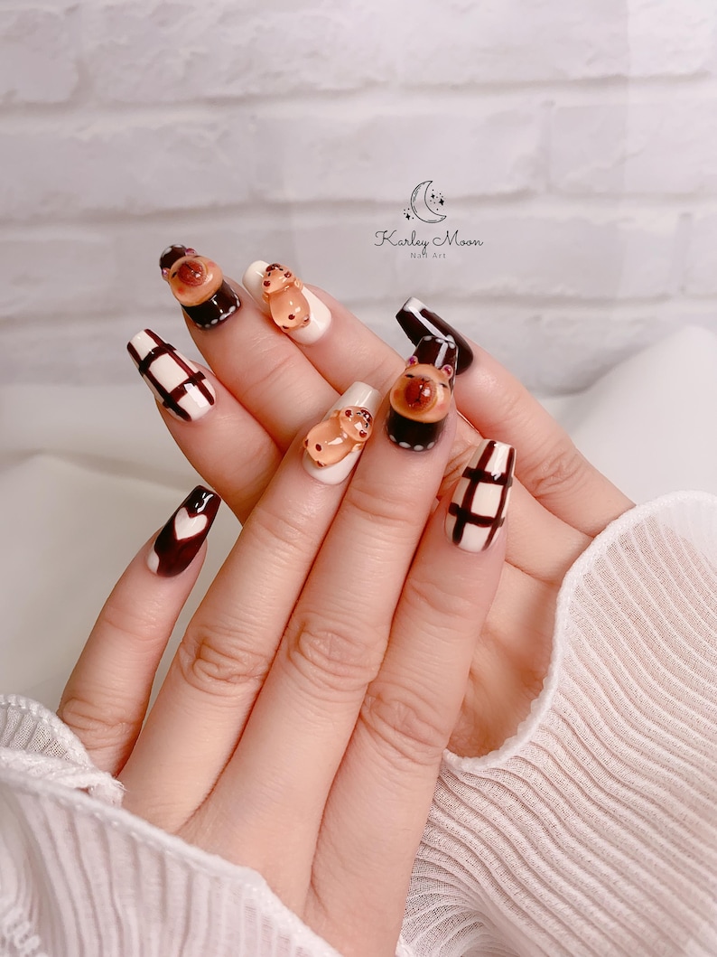 Kawaii Capybara Brown Color Press on Nails | Cute Summer Nails | Fake ...