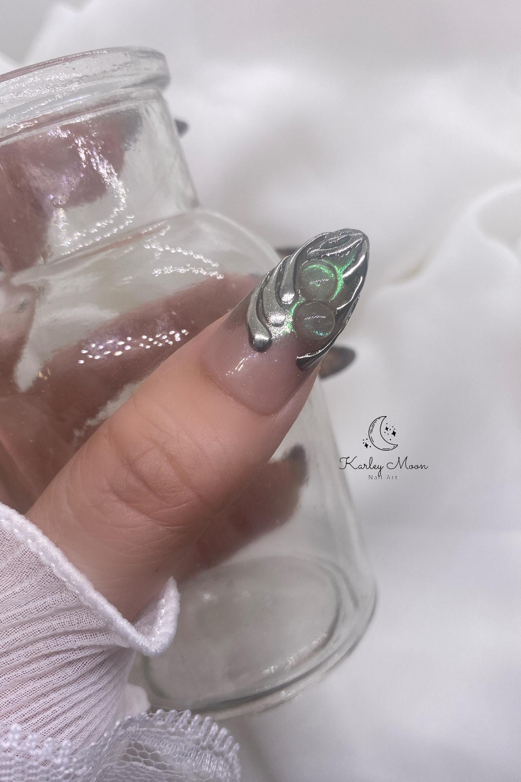 3D Shimmering Silver Green Glitter Press on Nails | Almond Nails | Fake ...