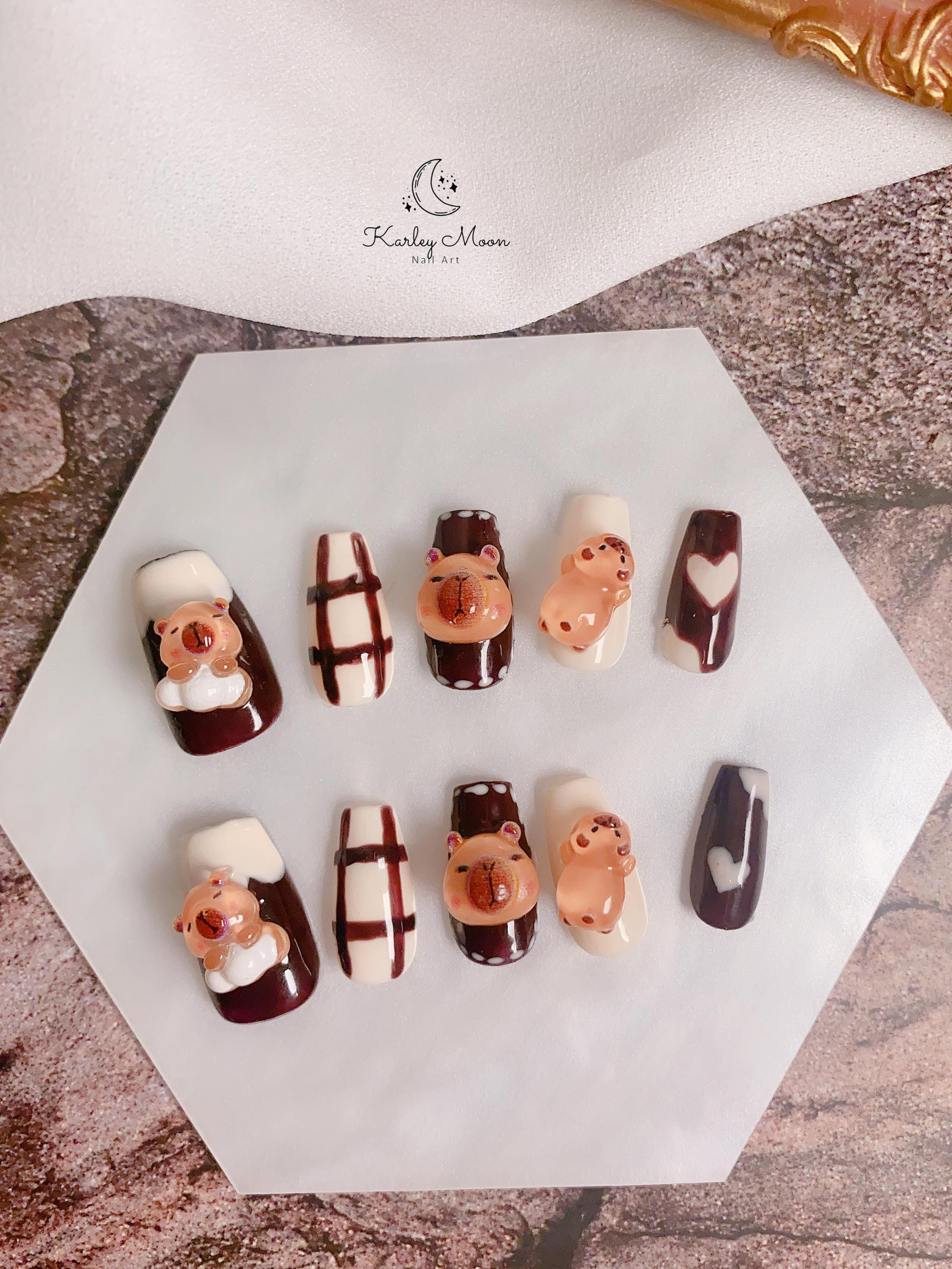 Kawaii Capybara Brown Color Press on Nails | Cute Summer Nails | Fake ...