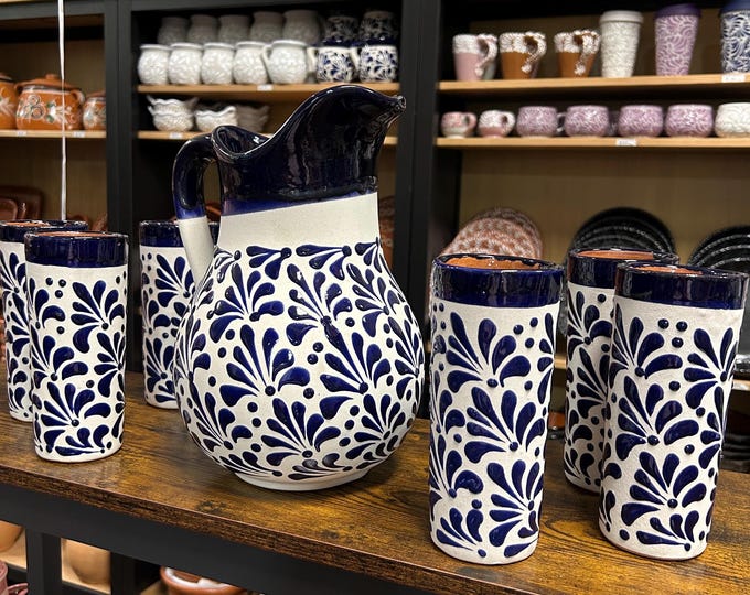 Blue Engobe Pitcher With 6 Cups Hecho En Mexico Jarra Engobe Azul Con 6 ...