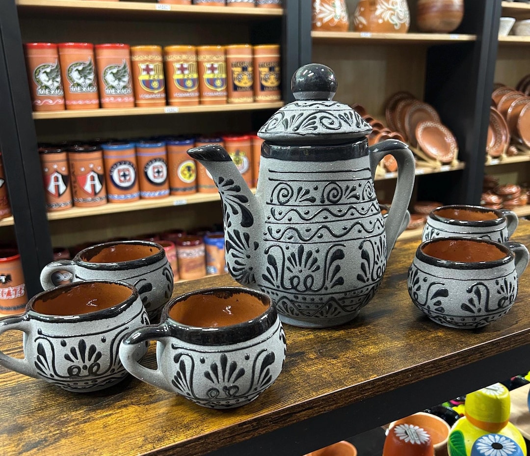 Black Clay Engobe Teapot Set With 6 Matching Teacups Made in Mexico ...