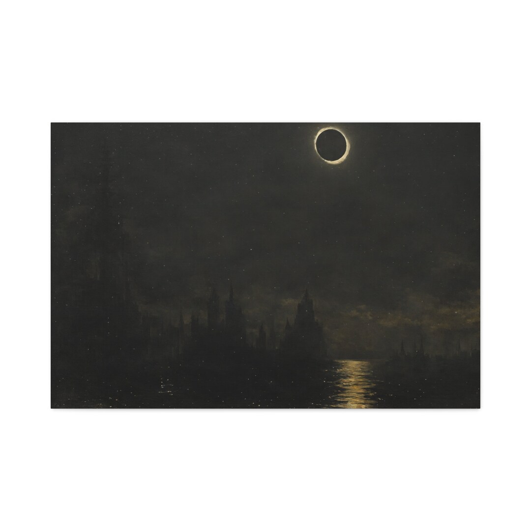 Dark Academia Eclipse Over Water 2 Oil Painting, Gothic Canvas Print ...