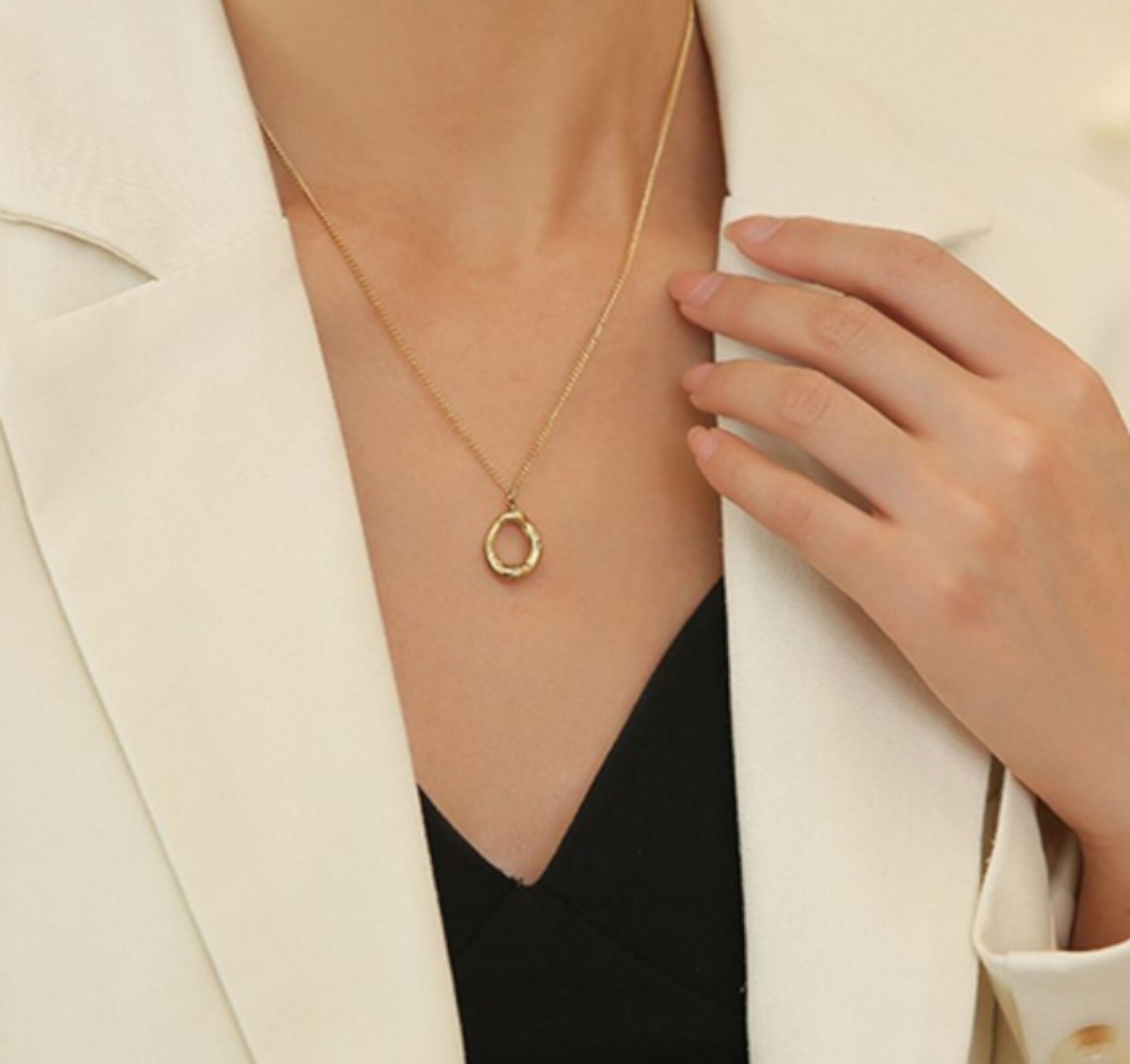 14K Gold Plated Circle Teardrop Pendant Necklace French Style ...