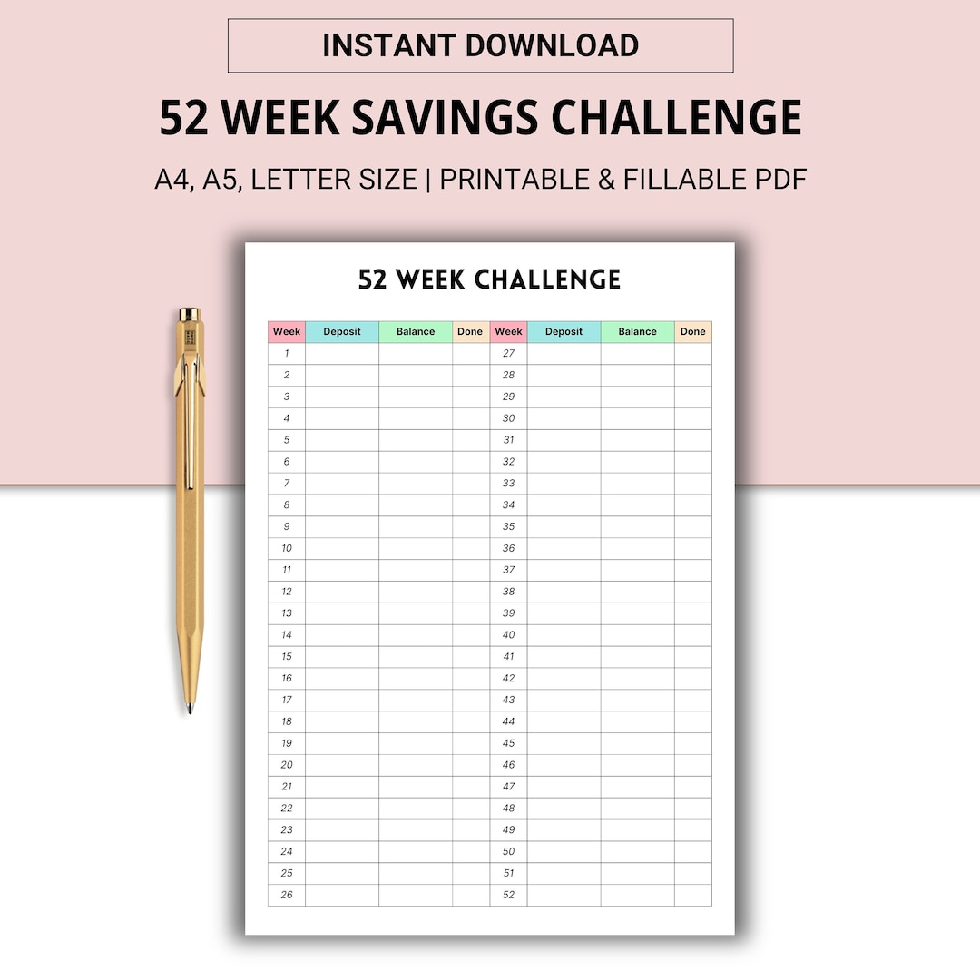 52 Week Savings Challenge Printable, Yearly Savings Plan, Money ...