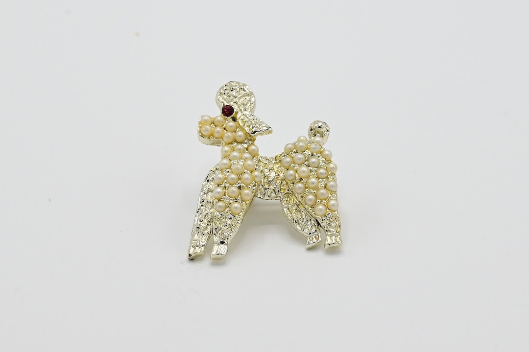 Vintage Poodle Brooch, Pin, Pearl and Rhinestone, Gold, Elegant, Fun ...