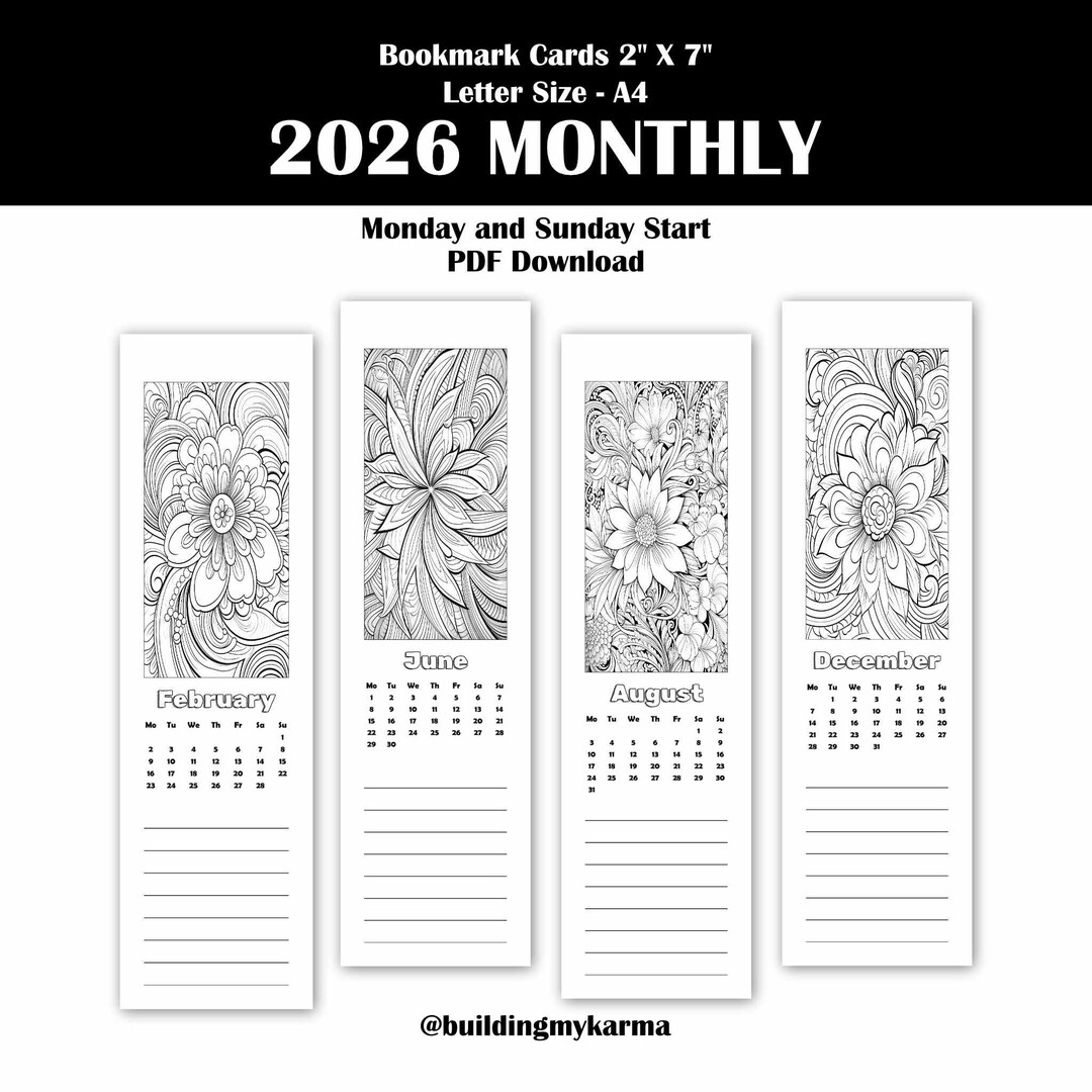 2026 Monthly Calendar Bookmark Cards, Zentangle Flower Coloring (PDF ...