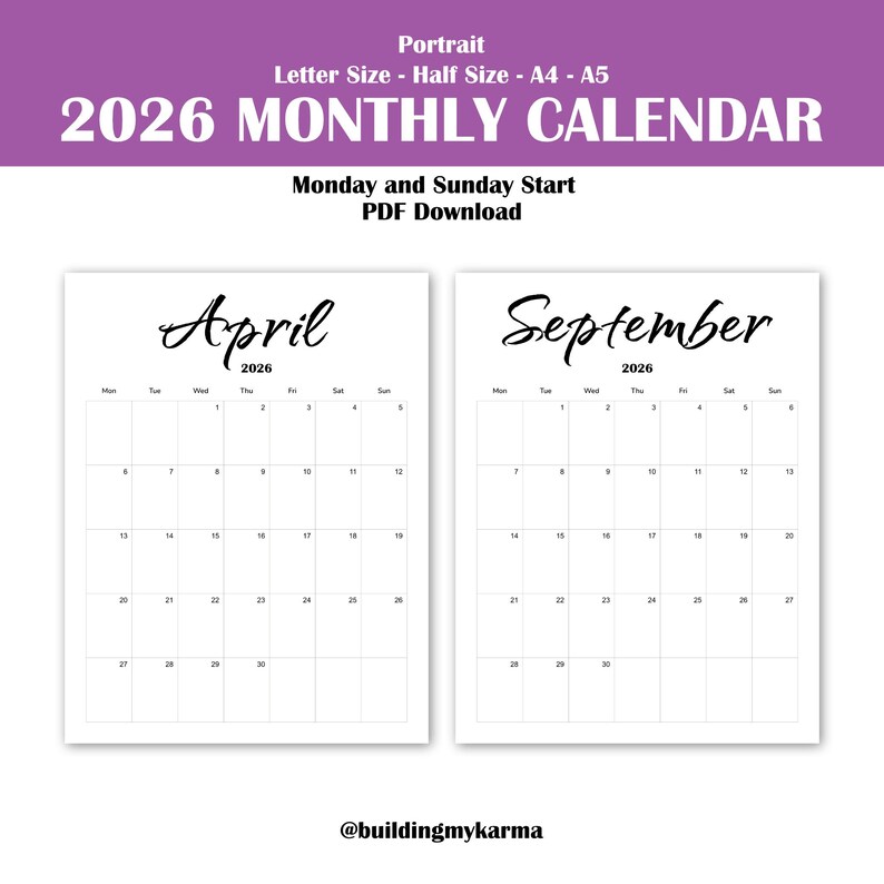 2026 Monthly Portrait Calendar, A4 A5 Letter Size (PDF Download) - Etsy