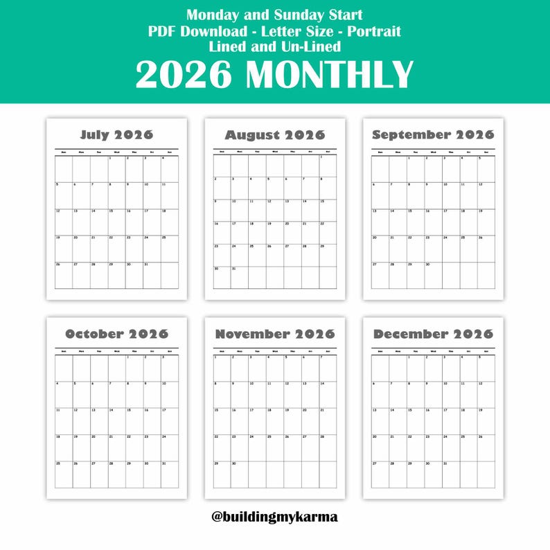 2026 Monthly Calendar Printable, Lined Notes, Portrait Layout - Etsy