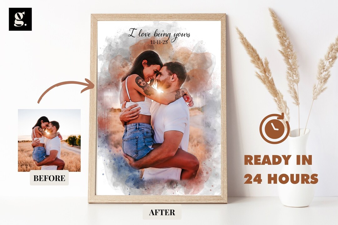Custom Watercolour Couple Portrait From Photo, Personalized Valentines ...