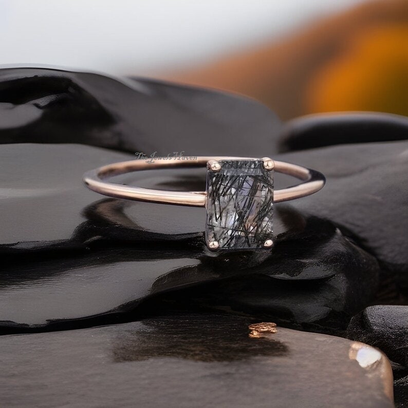 Black Rutile Quartz Solitaire Ring-emerald Cut Black Rutilated Quartz ...