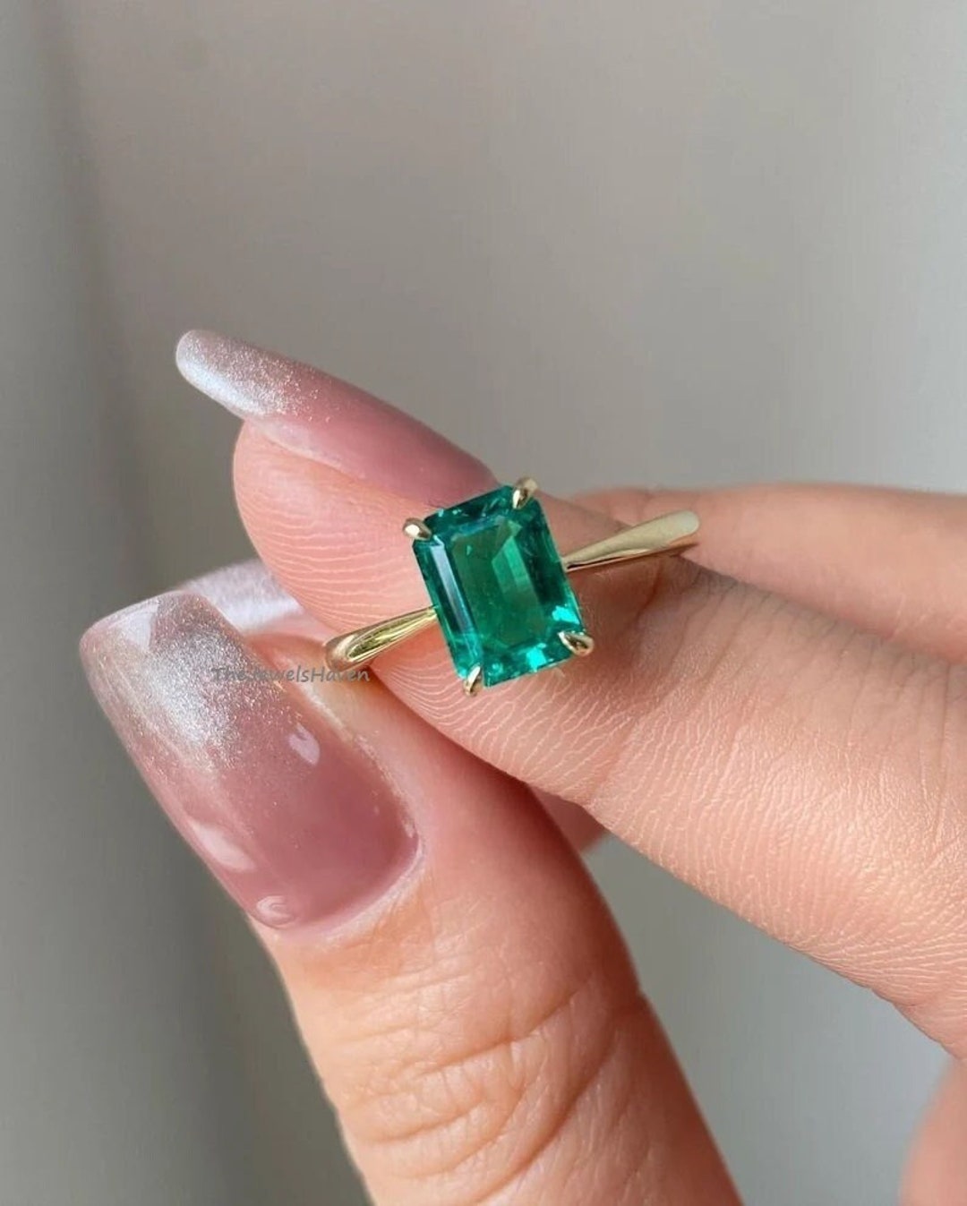 14K Yellow Gold Emerald Cut Ring: Green Solitaire Engagement Ring - Etsy