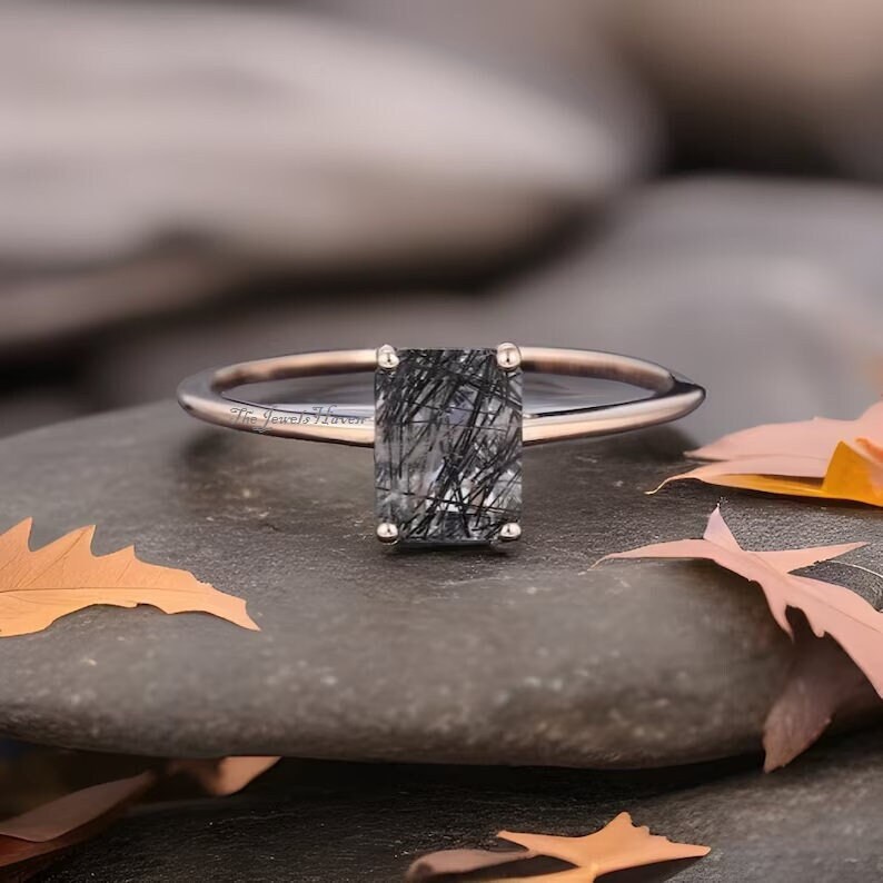 Black Rutile Quartz Solitaire Ring-emerald Cut Black Rutilated Quartz ...