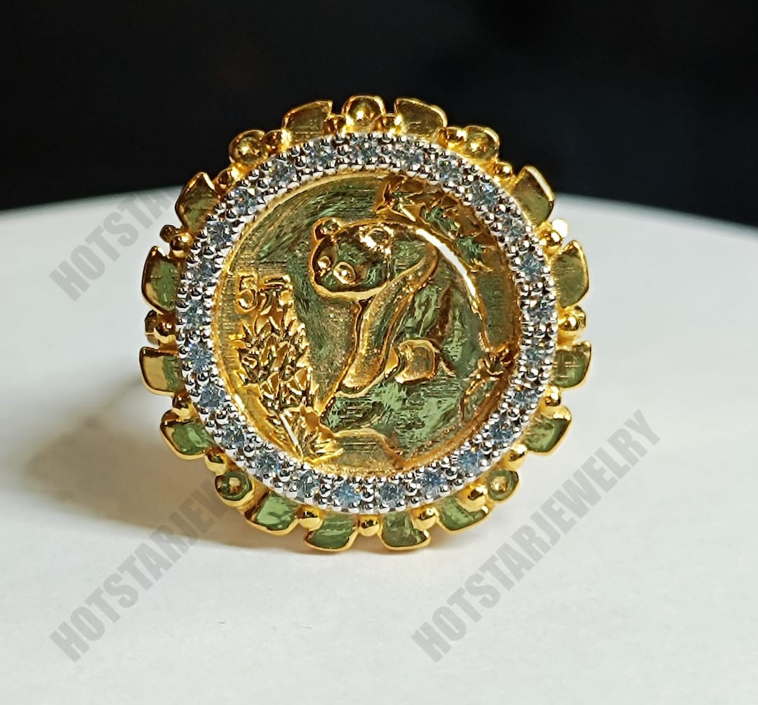 Panda Coin Ring, 14K Yellow Gold Plated, White Diamond, Sterling Silver ...