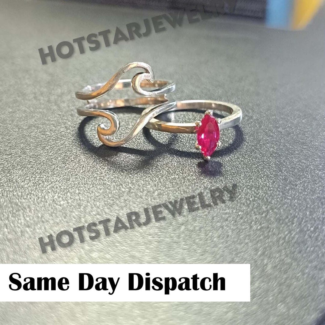 Art Deco Pink Ruby Ring Set, Marquise Sterling Silver Enhancer, Size 7 ...