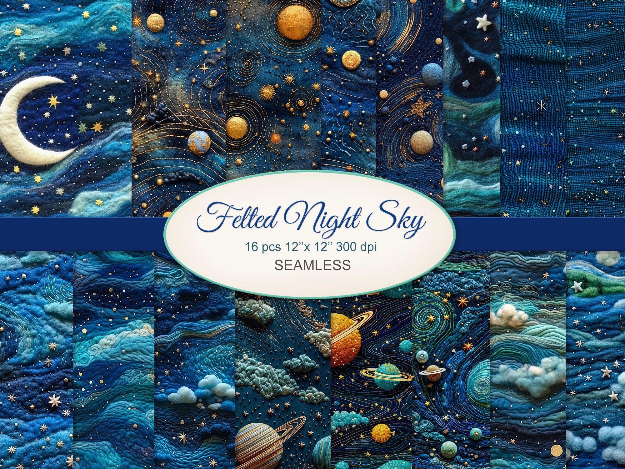 Felted Night Sky Seamless Pattern Craft Paper. Embroidered Planets Moon ...