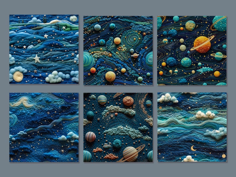 Felted Night Sky Seamless Pattern Craft Paper. Embroidered Planets Moon ...