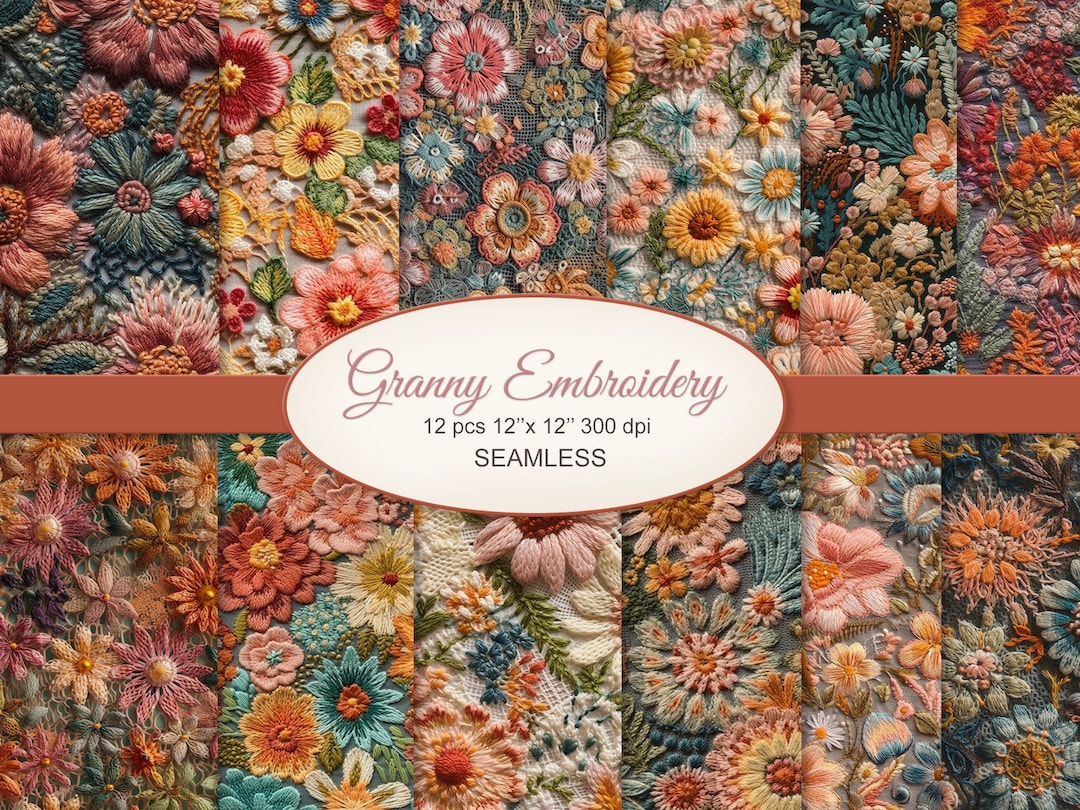 Granny Embroidery Seamless Pattern Craft Paper. Embroidered Flowers ...