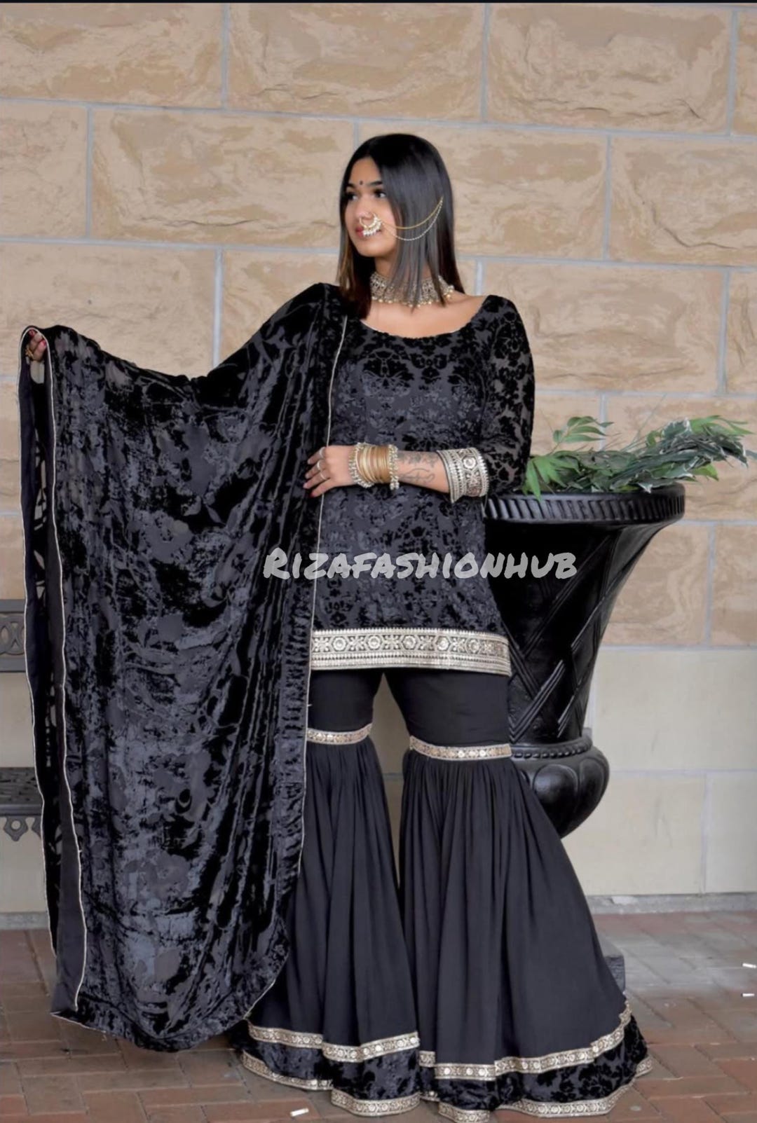 Black Patiyala Indian Palachi Kurta With Sharara & Dupatta, Eid ...