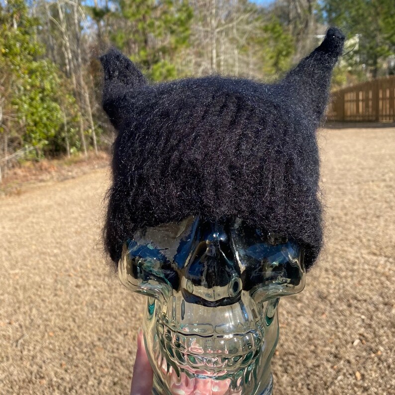 Black Mohair Cat Ear Hat Devil Horn Knit Hat Black Handmade Animal Ear ...
