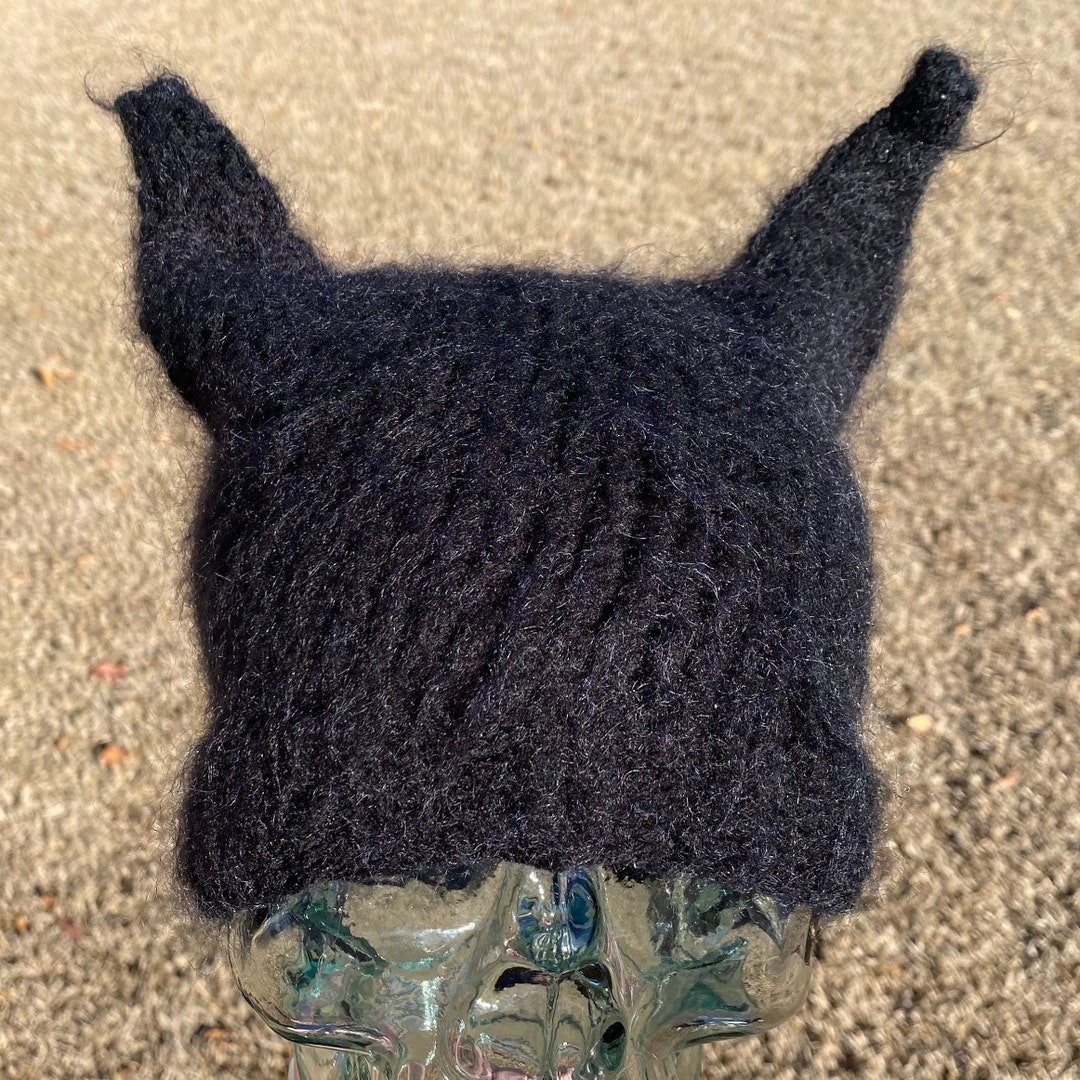 Black Mohair Cat Ear Hat Devil Horn Knit Hat Black Handmade Animal Ear ...