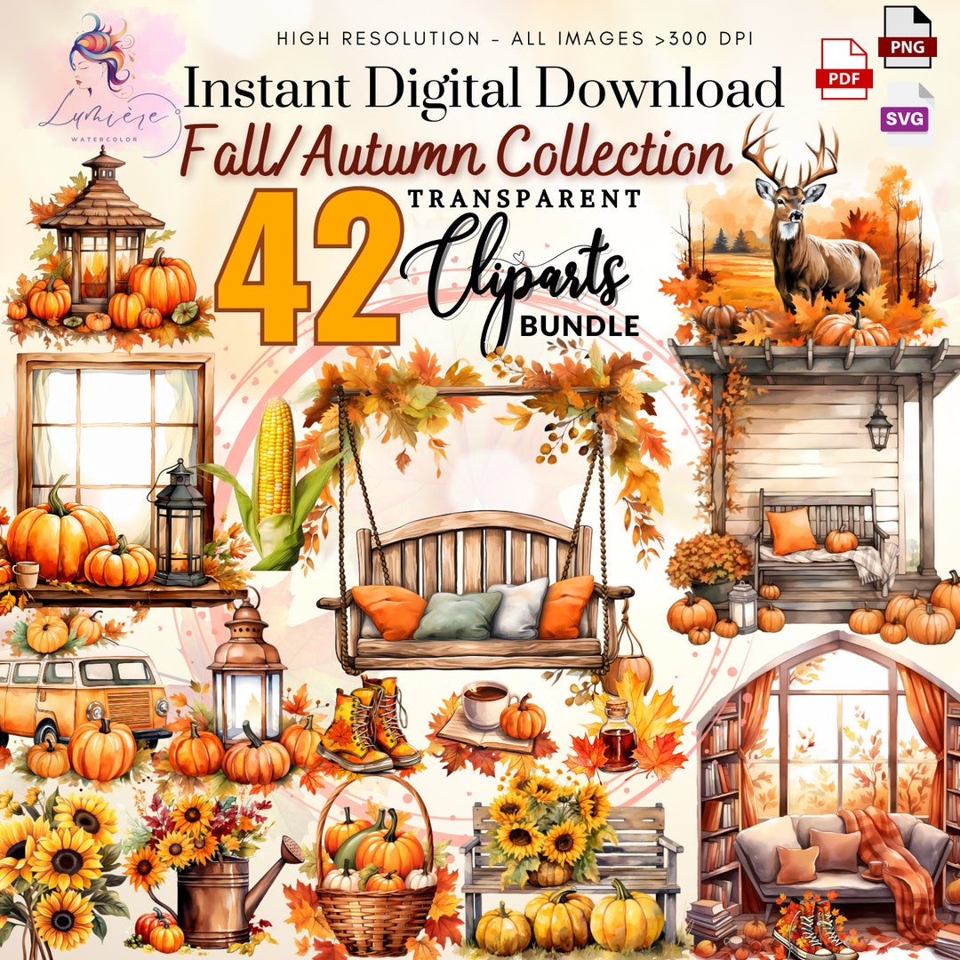 Fall Element Clipart~ 42 Watercolor Autumn Elments PNG~ Pumpkin~ Barn ...
