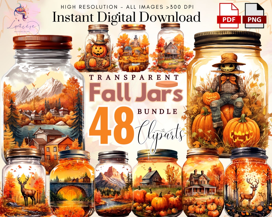Fall Jar Clipart~ 48 Watercolor Jar PNG~ Autumn Landscape~ Scarecrow ...