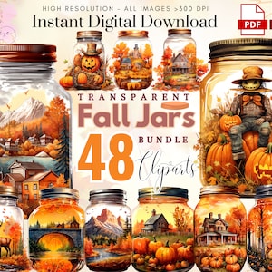 Fall Jar Clipart~ 48 Watercolor Jar PNG~ Autumn Landscape~ Scarecrow ...