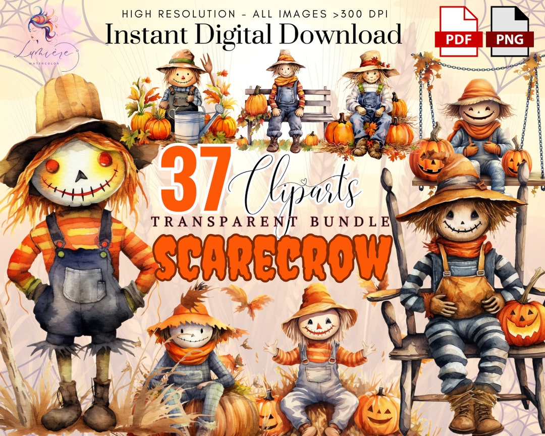 Scarecrow Clipart~ 28 Watercolor Autumn Scarecrow~ Fall Pumpkin Patch ...