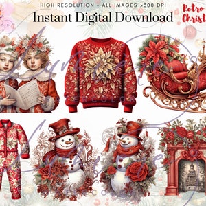 Retro Christmas Clipart~ 50 Vintage Retro Christmas PNG~ Snow Man PNG ...