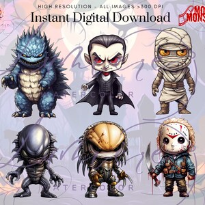 Halloween Monsters Clipart~ 33 Watercolor Horror Movie Characters PNG ...
